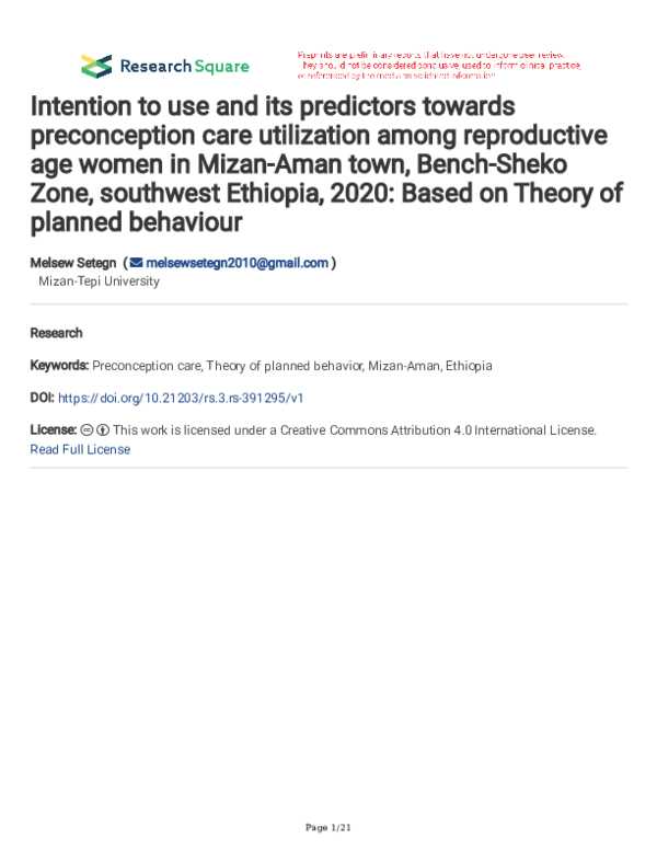 (PDF) Intention to use and its predictors towards preconception care ...