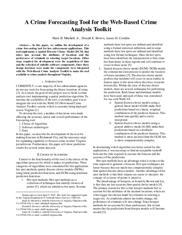 (PDF) A Crime Forecasting Tool for the Web-Based Crime Analysis Toolkit