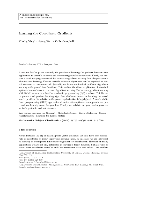 (PDF) Gradient Learning for Variable Selection
