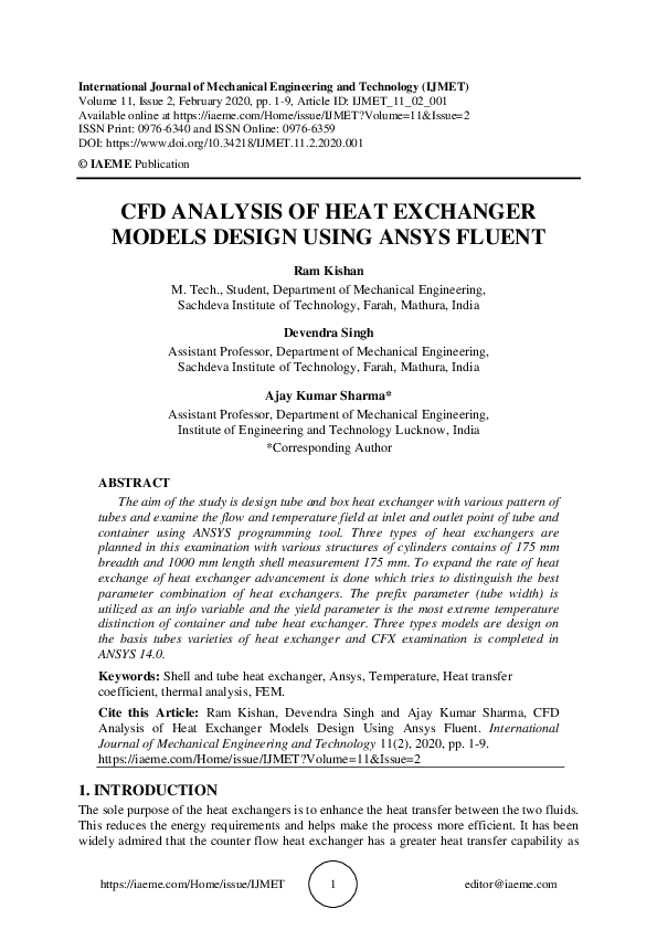 (PDF) CFD Analysis of Heat Exchanger Models Design Using Ansys Fluent