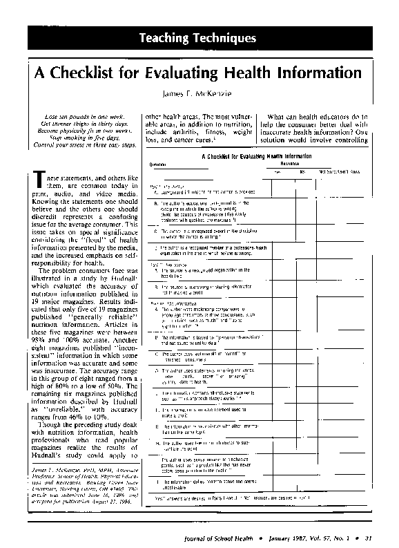 (PDF) A Checklist for Evaluating Health Information