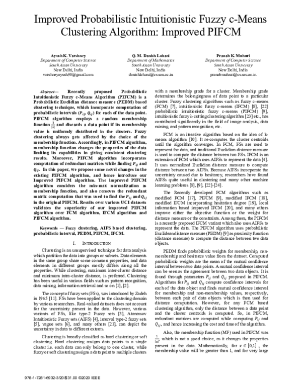 (PDF) Improved Probabilistic Intuitionistic Fuzzy c-Means Clustering Algorithm: Improved PIFCM