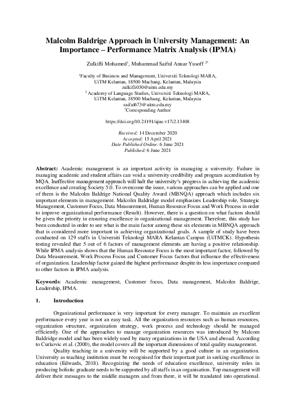 (PDF) Malcolm Baldrige Approach in University Management: An Importance ...