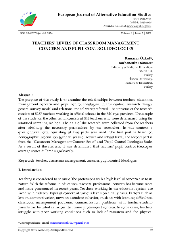 (PDF) Teachers' Levels of Classroom Management Concern and Pupil ...