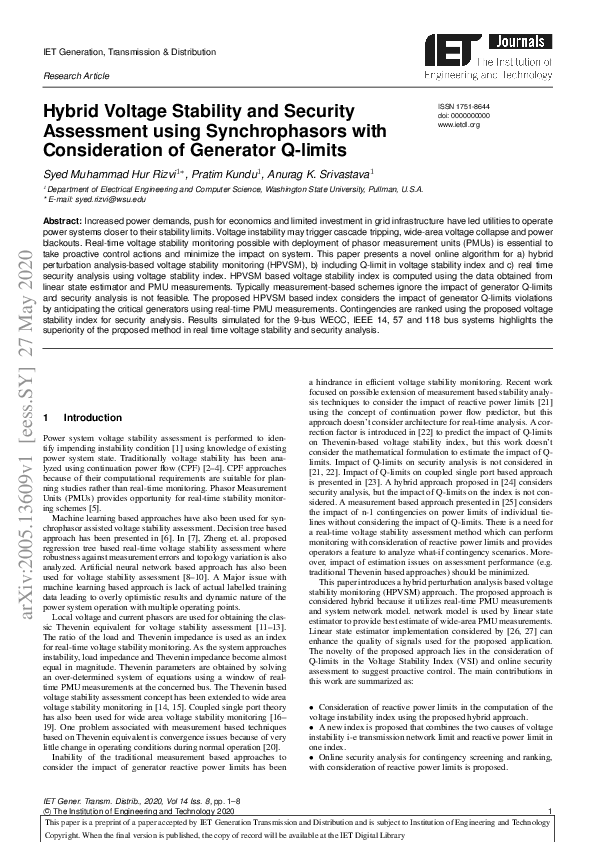 (PDF) Hybrid Voltage Stability and Security Assessment using Synchrophasors with Consideration ...