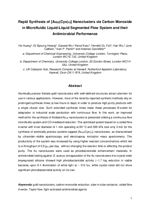 (PDF) Rapid Synthesis of [Au25(Cys)18] Nanoclusters via Carbon Monoxide ...