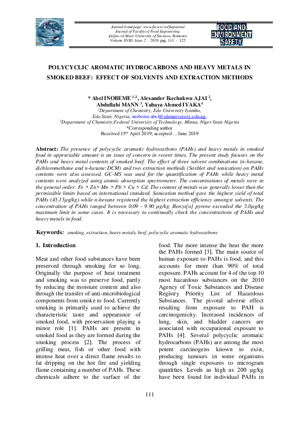 (PDF) Polycyclic Aromatic Hydrocarbons and Heavy Metals in Smoked Beef: Effect of Solvents and ...