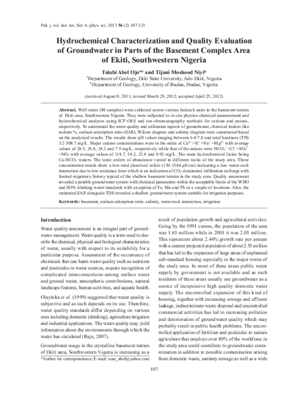 (PDF) Hydrochemical Characterization and Quality Evaluation of Groundwater in Parts of the ...