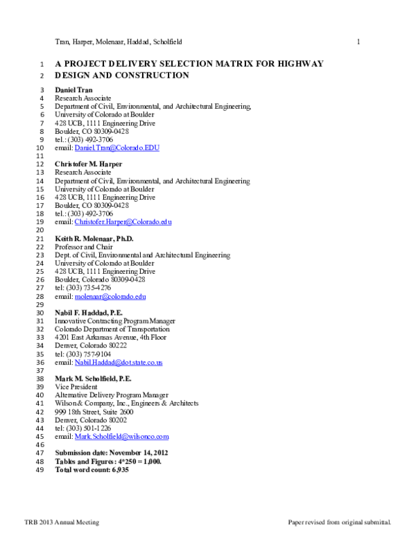 (PDF) Project Delivery Selection Matrix for Highway Design and Construction