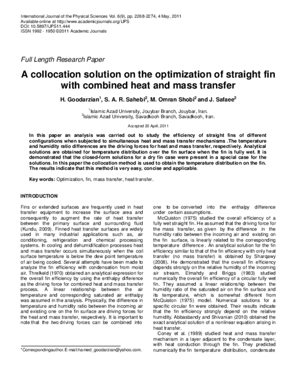 (PDF) Optimizing Straight Fin Heat and Mass Transfer