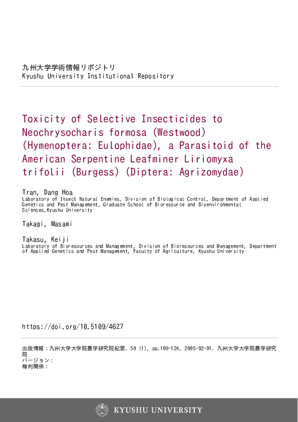 (PDF) Toxicity of Selective Insecticides to Neochrysocharis formosa ...