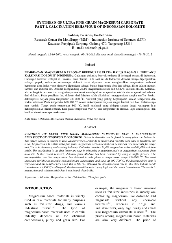 (PDF) Pembuatan Magnesium Karbonat Berukuran Ultra Halus Bagian 1 ...