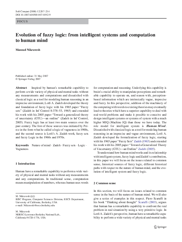 Pdf Evolution Of Fuzzy Logic From Intelligent Systems And Computation To Human Mind Masoud 