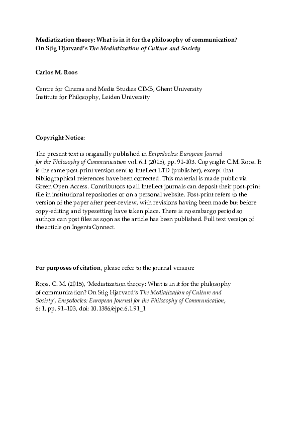 (PDF) Mediatization theory: What is in it for the philosophy of ...