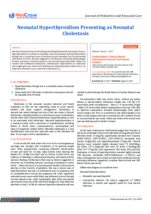 (PDF) Neonatal Hyperthyroidism Presenting as Neonatal Cholestasis