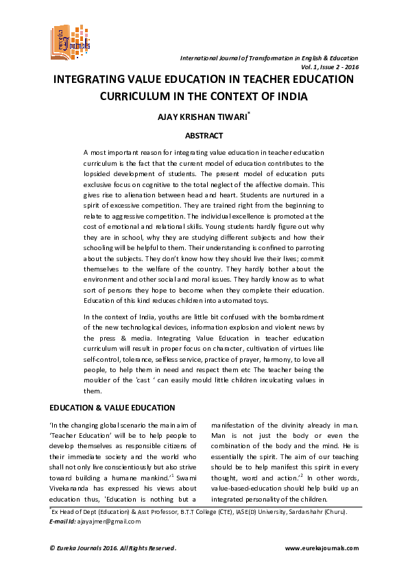 (PDF) Integrating Value Education in Teacher Education Curriculum in ...