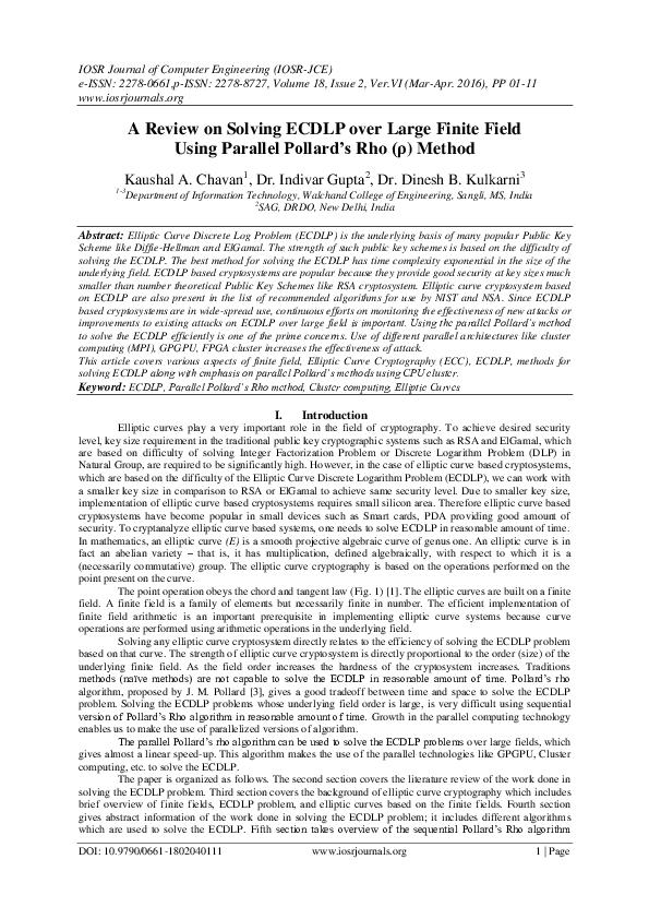(PDF) A Review on Solving ECDLP over Large Finite Field Using Parallel Pollard ’ s Rho ( ρ ) Method