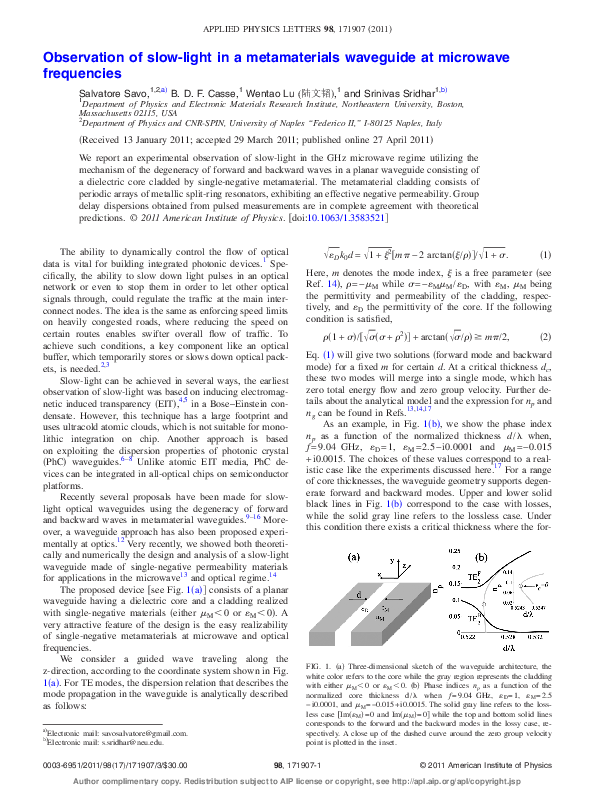 (PDF) Observation of slow-light in a metamaterials waveguide at microwave frequencies