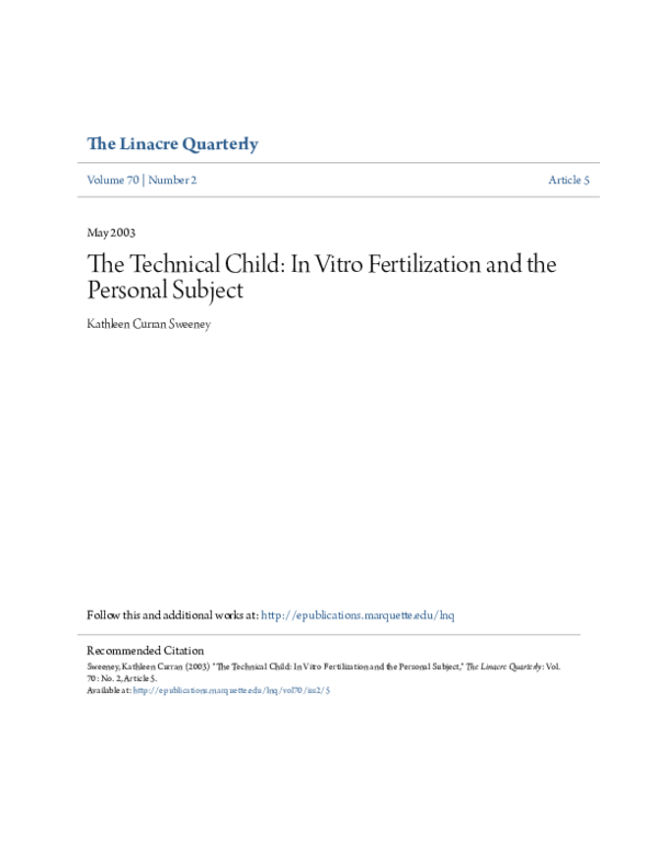 (PDF) The Technical Child: In Vitro Fertilization and the Personal Subject