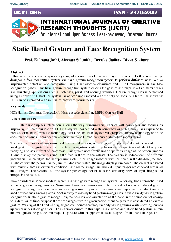 (PDF) Static Hand Gesture and Face Recognition System