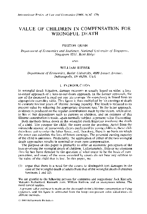 (PDF) Value of children in compensation for wrongful death | Euston ...