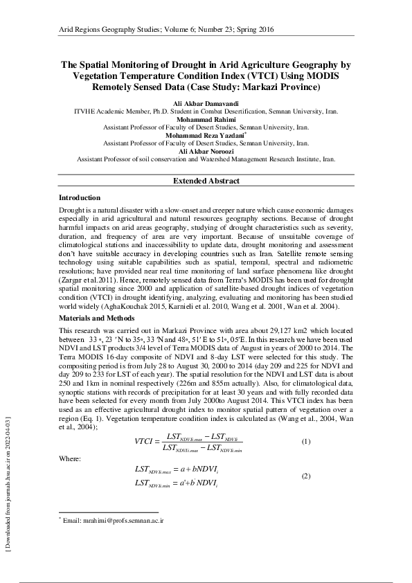Pdf Spatial Monitoring Of Agriculture Drought Using Vegetation Temperature Condition Index
