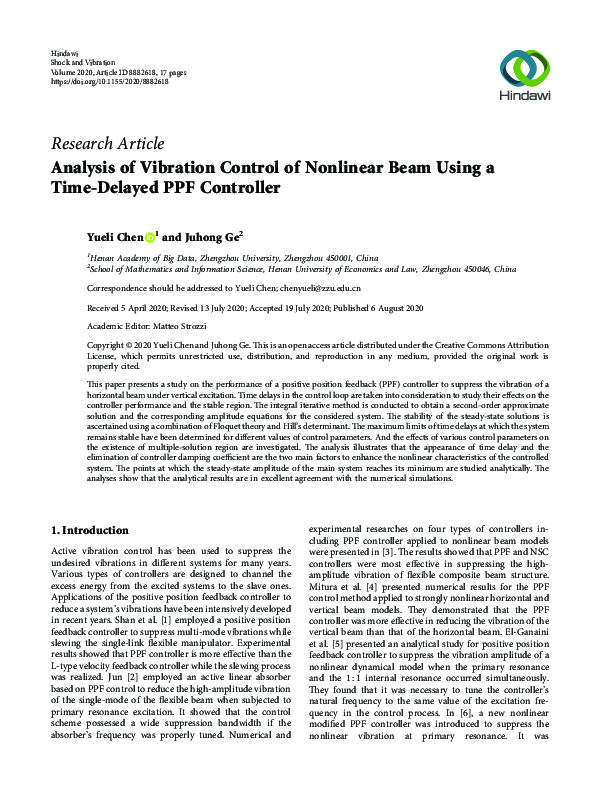 (PDF) Analysis of Vibration Control of Nonlinear Beam Using a Time-Delayed PPF Controller