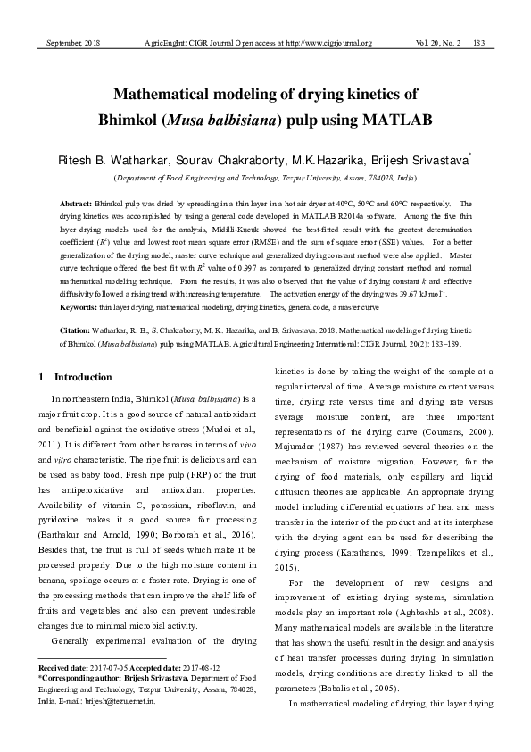 (PDF) Mathematical modeling of drying kinetics of Bhimkol (Musa balbisiana) pulp using MATLAB