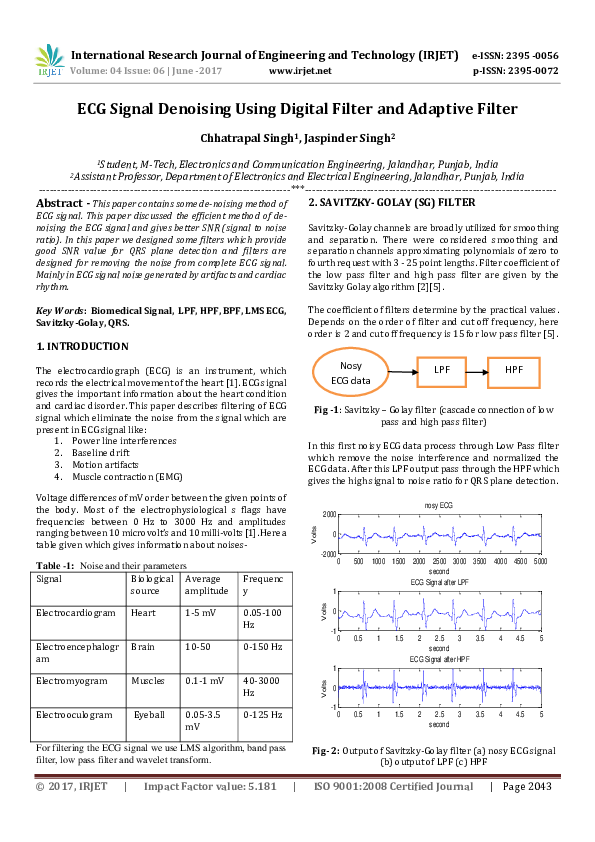 Pdf Ecg Signal Denoising Using Digital Filter And Adaptive Filter