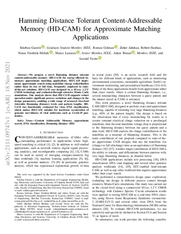 (PDF) Hamming Distance Tolerant Content-Addressable Memory (HD-CAM) for Approximate Matching ...