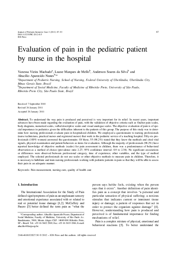 (PDF) Evaluation of pain in the pediatric patient by nurse in the hospital