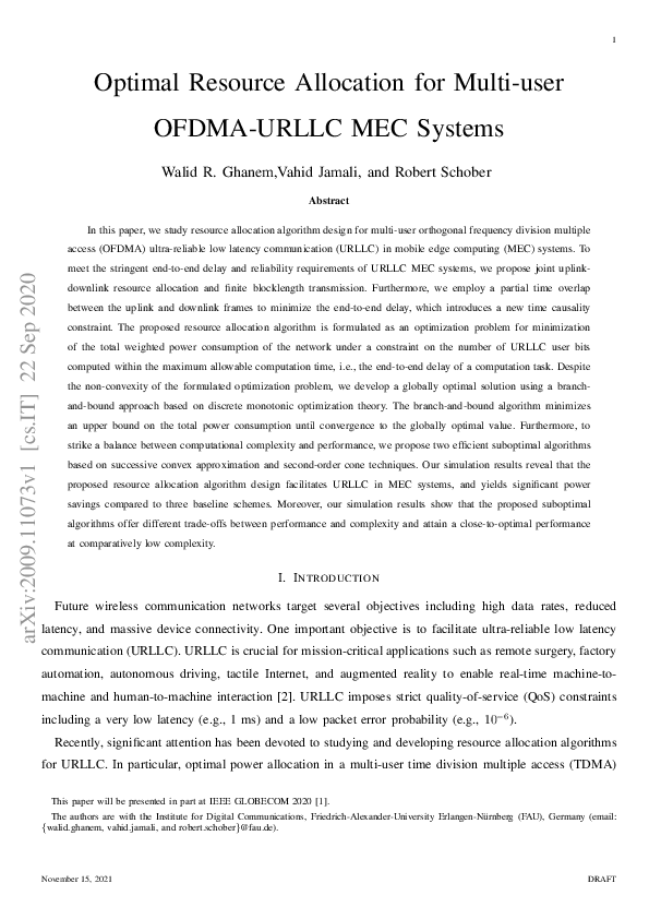 (PDF) Optimal Resource Allocation for Multi-user OFDMA-URLLC MEC Systems