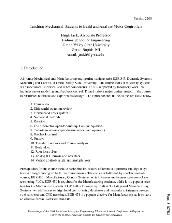 (PDF) Teaching Mechanical Students To Build And Analyze Motor Controllers