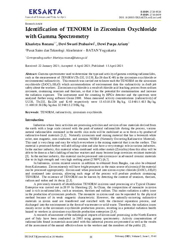 (PDF) Identification of TENORM in Zirconium Oxychloride with Gamma ...