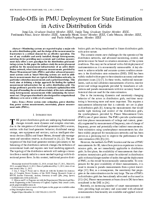 Pdf Trade Offs In Pmu Deployment For State Estimation In Active Distribution Grids Paolo