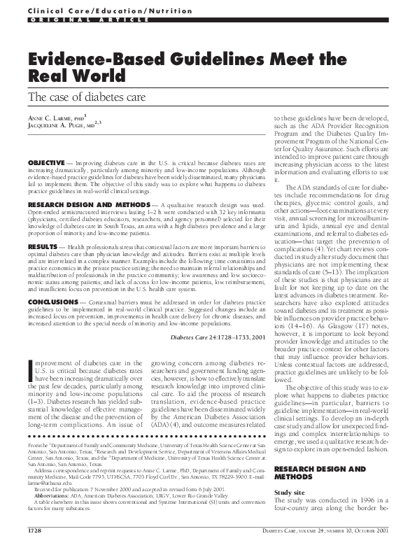 Evidence-Based Guidelines Meet the Real World: The case of diabetes care