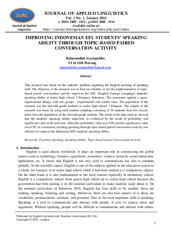(PDF) Improving Indonesian Efl Students’ Speaking Ability Through Topic Based-Paired ...