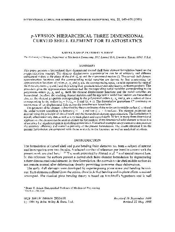 (PDF) P-Version Hierarchical Three Dimensional Curved Shell Element for Elastostatics
