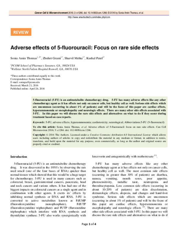 (PDF) Adverse Effects of 5-fluorouracil: Focus on Rare Side Effects