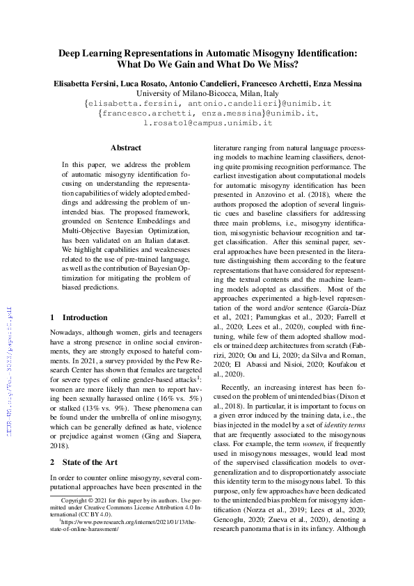 (PDF) Deep Learning Representations in Automatic Misogyny Identification: What Do We Gain and ...