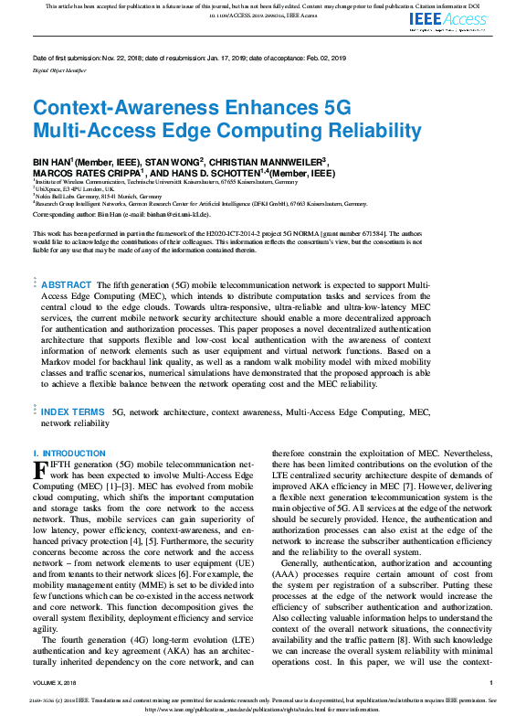 (PDF) Context-Awareness Enhances 5G Multi-Access Edge Computing Reliability