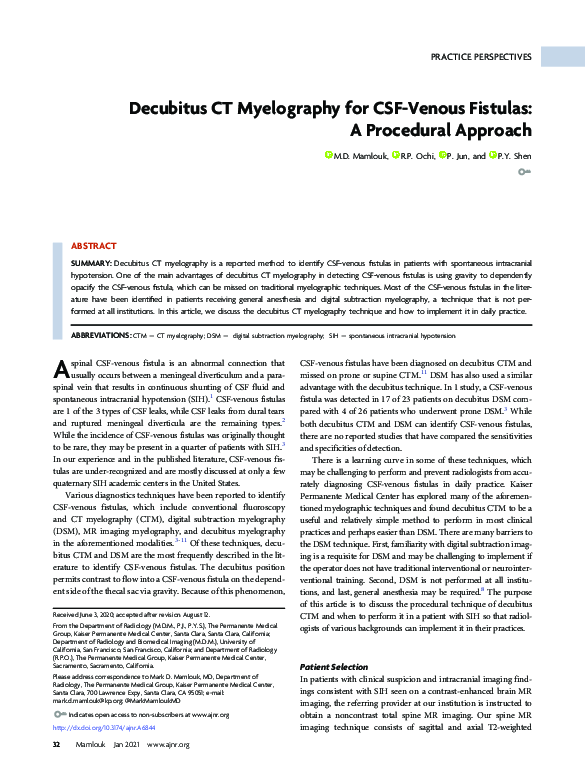 (PDF) Decubitus CT Myelography for CSF-Venous Fistulas: A Procedural ...