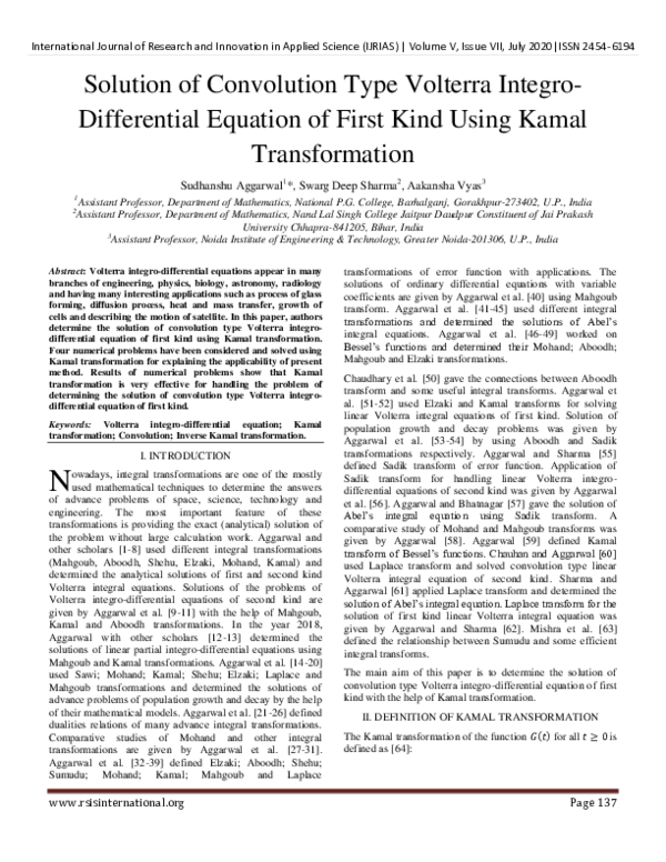 (PDF) Solution of Convolution Type Volterra Integro-Differential Equation of First Kind Using ...