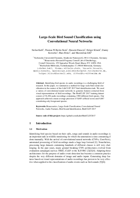 (PDF) Large-Scale Bird Sound Classification using Convolutional Neural Networks