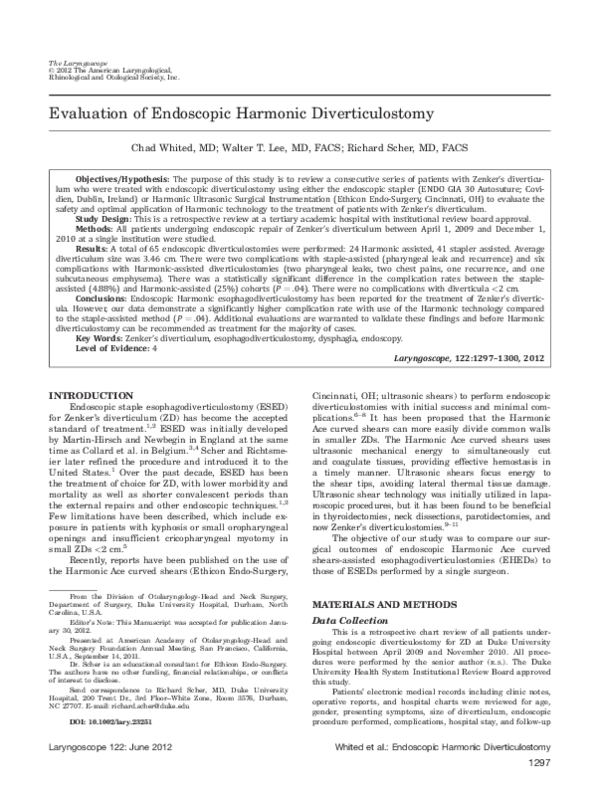 (PDF) Evaluation of Safety of Endoscopic Harmonic Diverticulostomy
