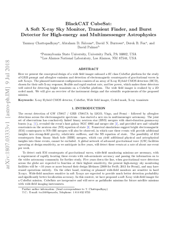 (PDF) BlackCAT CubeSat: A Soft X-ray Sky Monitor, Transient Finder, and Burst Detector for High ...