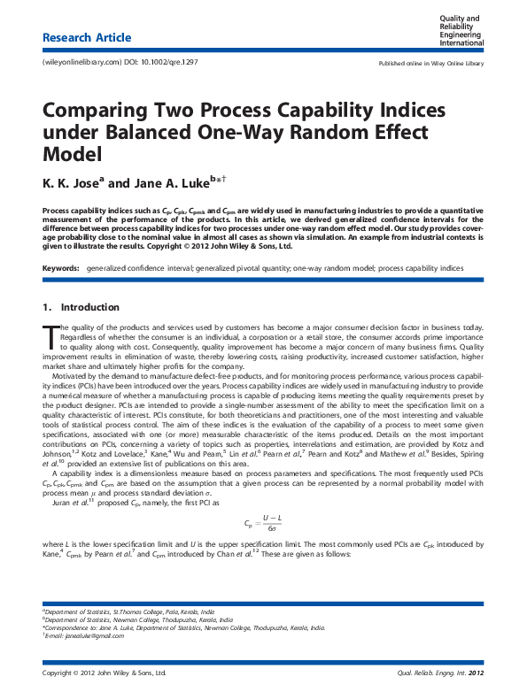 (PDF) Comparing Two Process Capability Indices under Balanced One-Way Random Effect Model
