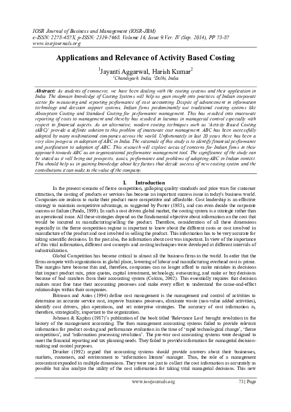 (PDF) Applications and Relevance of Activity Based Costing