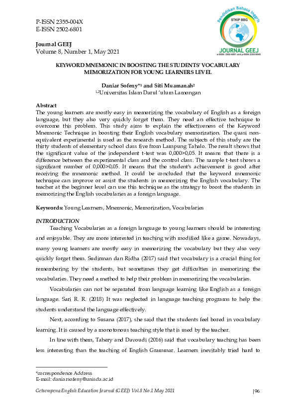 (PDF) Keyword Mnemonic in Boosting the Students’ Vocabulary ...