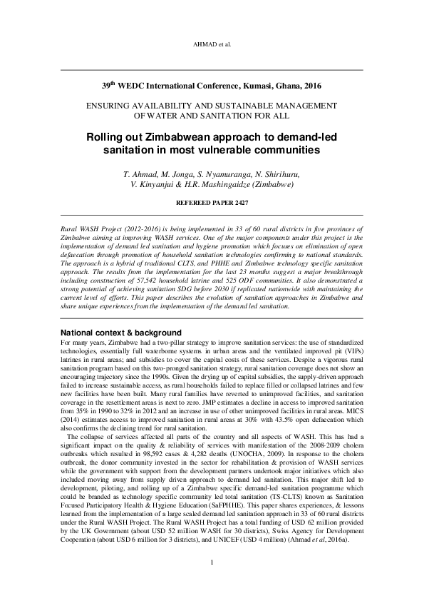(PDF) Rolling out Zimbabwean approach to demand-led sanitation in most ...